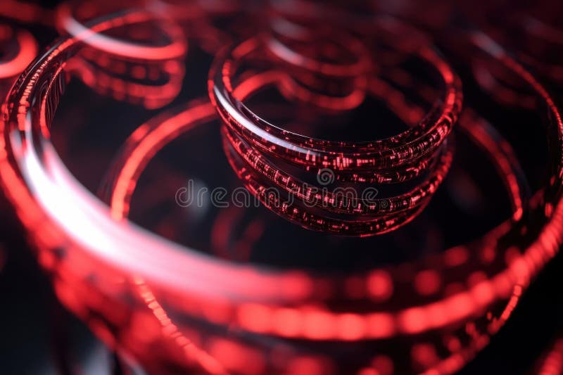 Red Glowing Rings Abstractly Dance, Twirling Dynamically in Dark Space ...