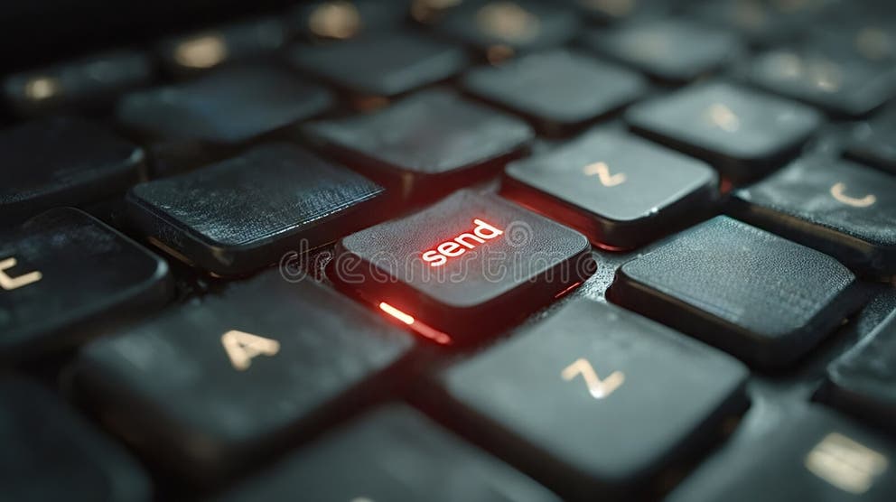 Red Glowing Send Button is Pressed on a Black Keyboard Stock Image - Image of computer, button ...