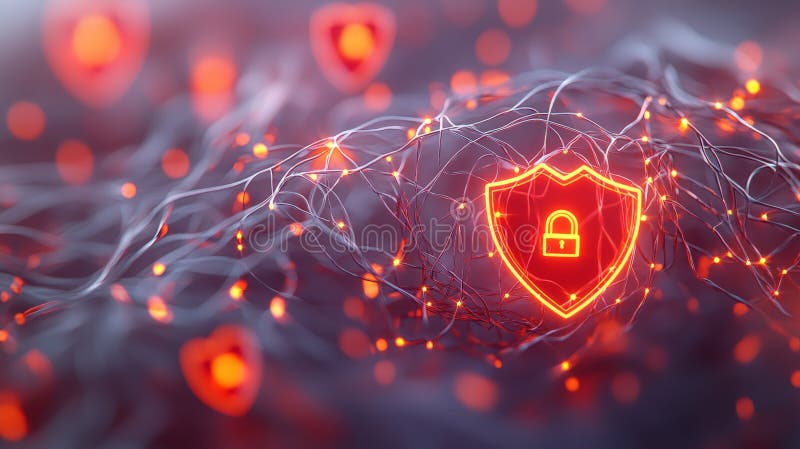 Red Glowing Shield Surrounded by Interconnected Digital Lines ...