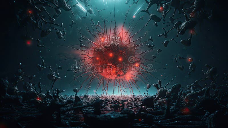 Red Glowing Virus in a Dark Area Stock Image - Image of science ...