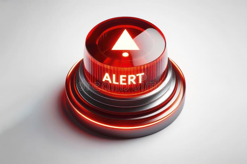 Red Glowing Warning Lamp or Button Isolated on White, with the Words ...