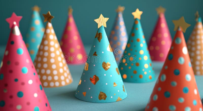 Red, Gold, and Blue Paper Party Hats Stock Illustration - Illustration ...
