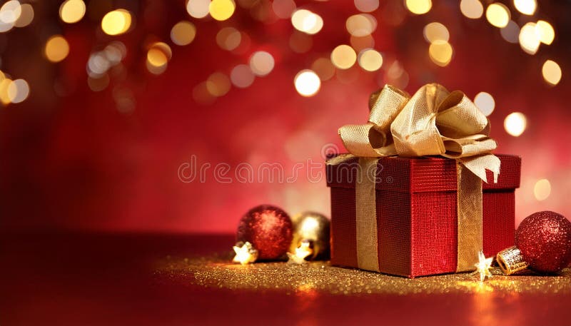 Red and Gold Celebration Banner with Gift Box and Lights Stock ...