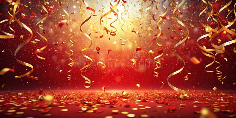 Red and Gold Celebration Scene with Falling Confetti and Streamers ...