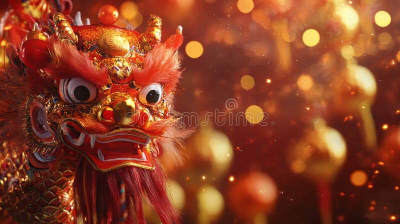 Red and Gold Chinese Dragon Puppet Against Sparkling Background Stock ...