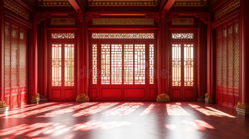Red and Gold Chinese Palace Interior with Sunbeams Stock Illustration ...