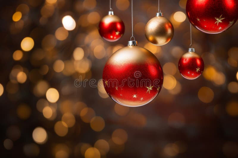 Red and Gold Christmas Baubles Hanging from Strings on a Dark ...
