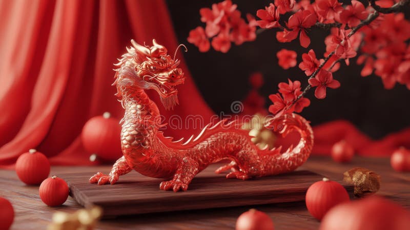 Red Gold Dragon Statuette with Cherry Blossoms Stock Illustration ...