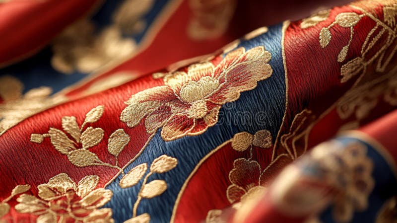 Red and Gold Embroidered Fabric with Floral Designs Stock Illustration ...