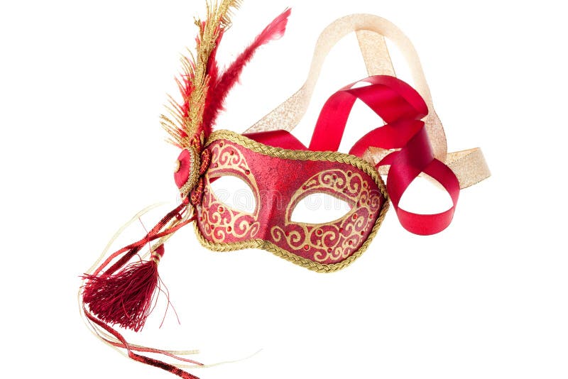 A Red and Gold Feathered Venetian Mask on Red Background Stock Image ...