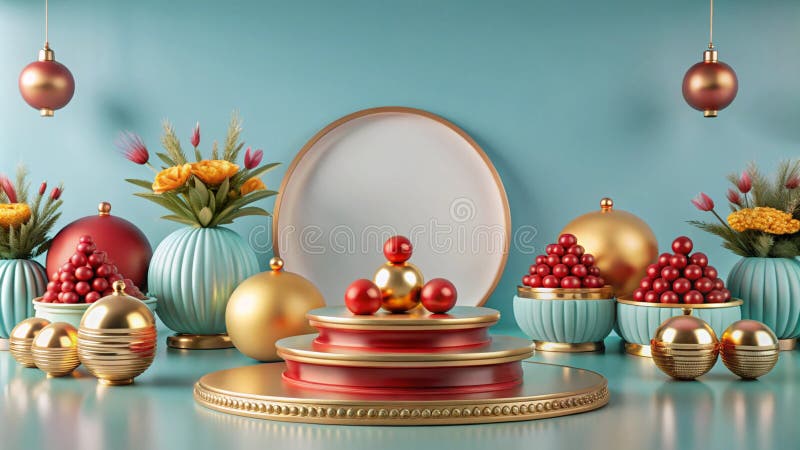 Red and Gold Festive Decor with a Blank Circular Sign Stock ...