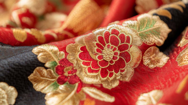 Red and Gold Floral Embroidered Fabric Texture Stock Illustration ...