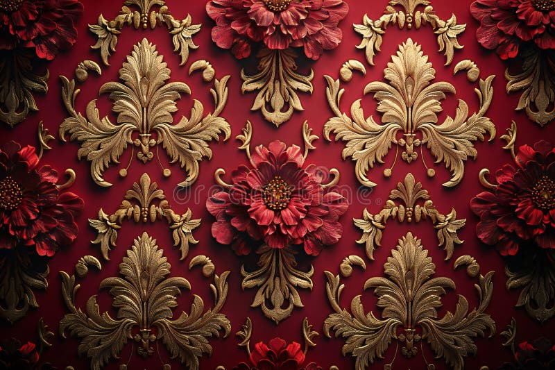 Red and Gold Floral Victorian Patterns on the Wall, Pattern Background ...