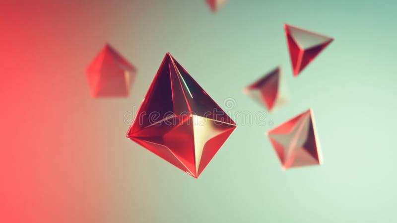 Red and Gold Geometric Pyramids Floating on Pastel Background Stock ...