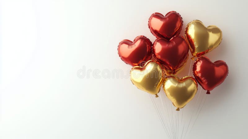 Red and Gold Heart Shaped Balloons Float Against a White Background ...