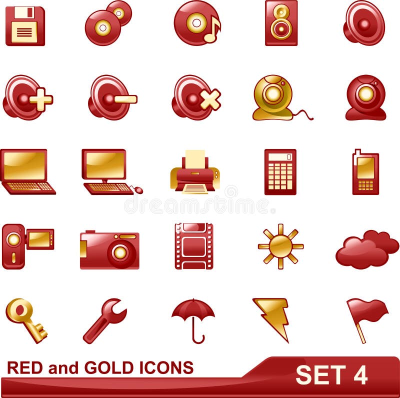Red and gold icons set 4 stock vector. Illustration of disk - 12642594