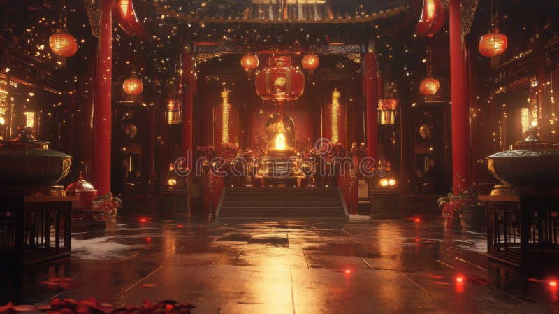 Red and Gold Illuminated Asian Temple Interior Stock Illustration ...