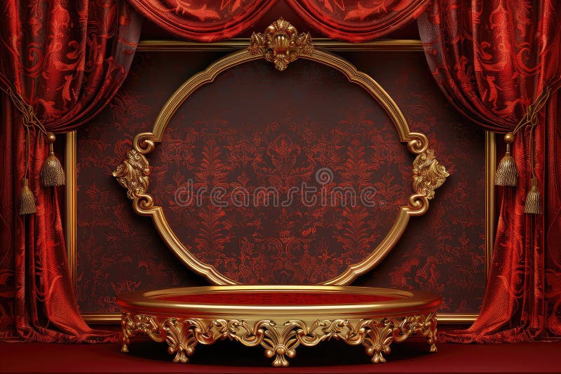 Red and Gold Luxury Stage with Curtains and Podium Stock Illustration ...