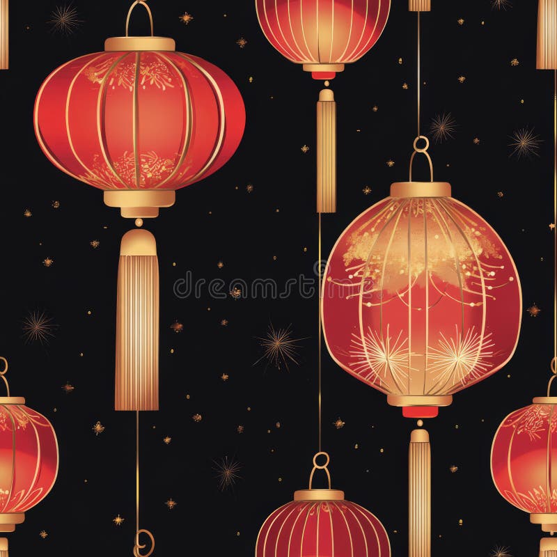 Red Gold Paper Lantern Pattern Tassels Glowing Softly Against Dark ...