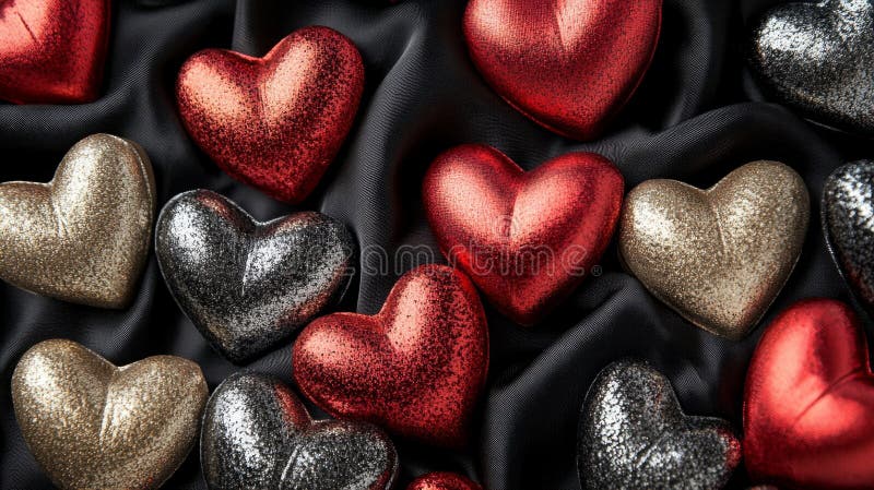 Red Gold Silver Glitter Hearts on Black Fabric Background Stock ...