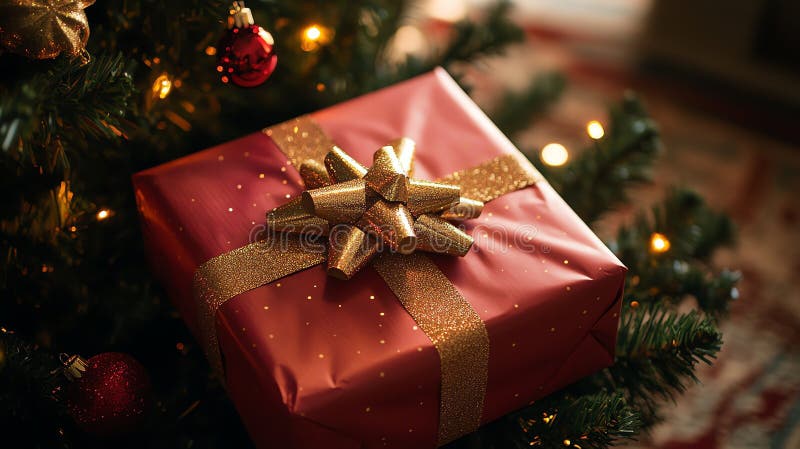 Red and Gold Wrapped Christmas Present with a Sparkly Bow Stock Image ...