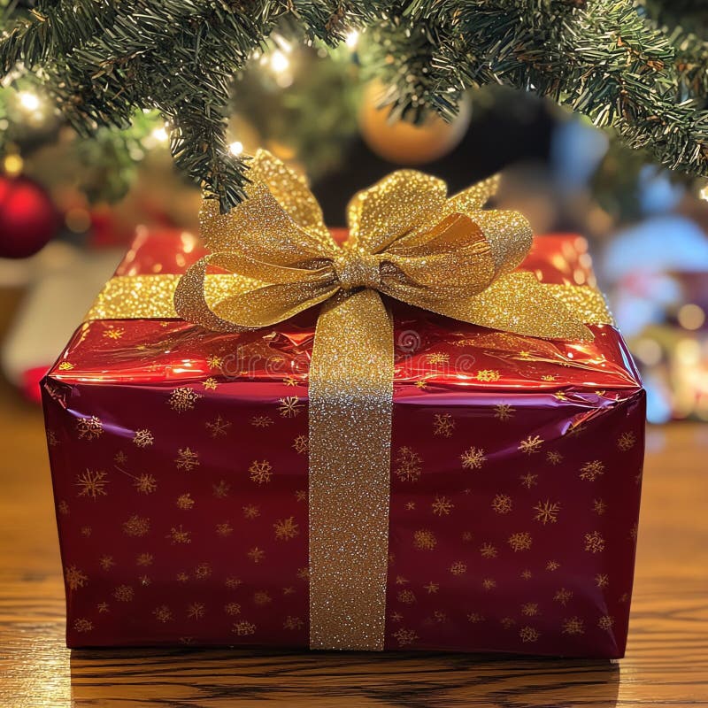 Red and Gold Wrapped Christmas Present with a Sparkly Bow Stock Image ...