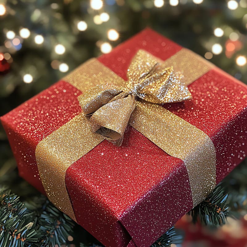 Red and Gold Wrapped Christmas Present with a Sparkly Bow Stock Photo ...