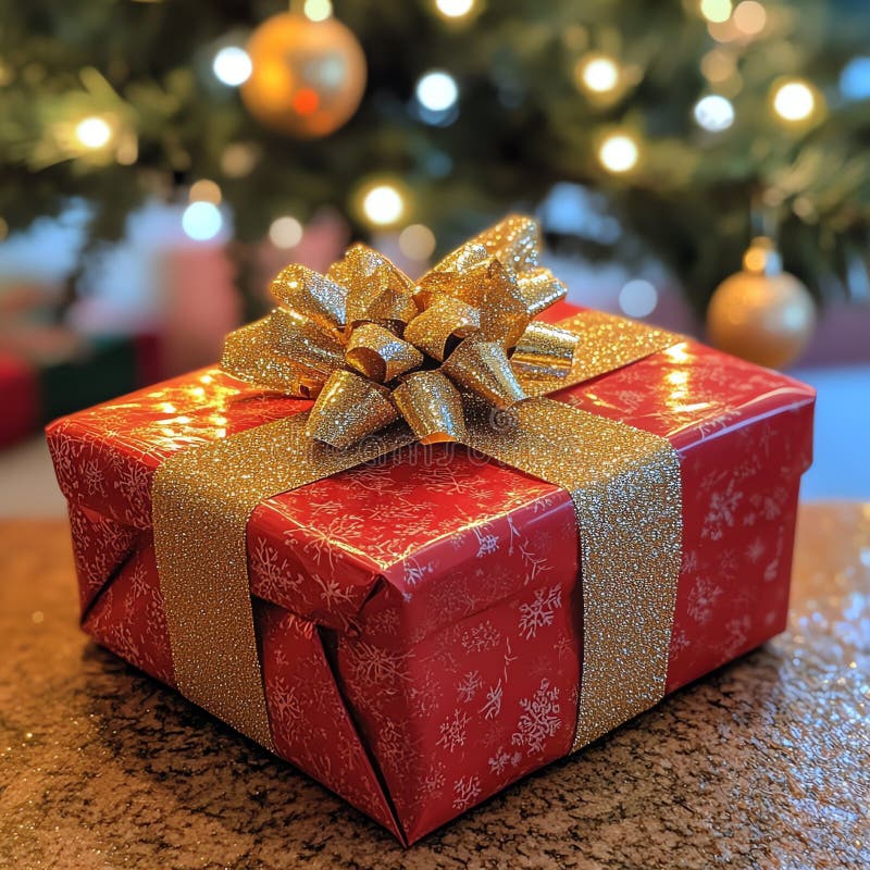 Red and Gold Wrapped Christmas Present with a Sparkly Bow Stock Photo ...