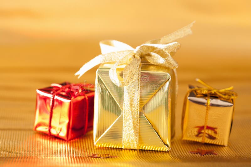 Red and Golden Christmas Gift Boxes and Decoration Stock Photo - Image ...