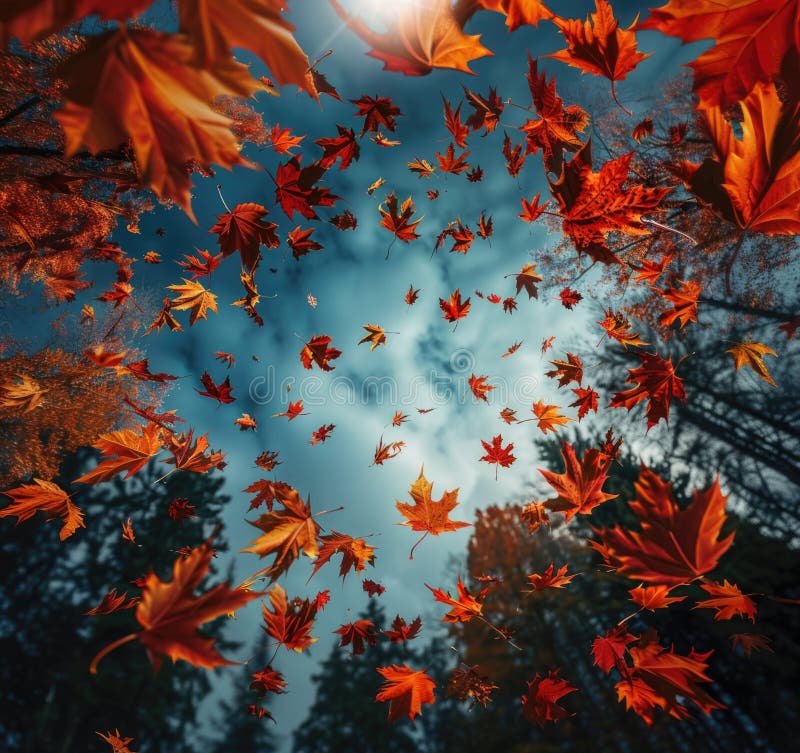 Red and Golden Colored Autumn Leaves Falling Down from a Tree Stock ...