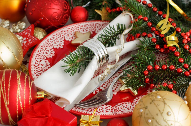Red and Golden Festive Table Setting Stock Image - Image of festive ...