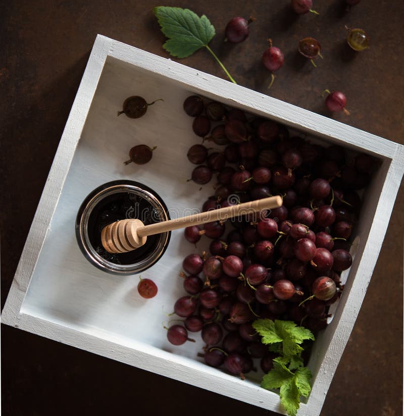 Red Gooseberry Scatter on the Table Top View Berries Summer Rustic ...