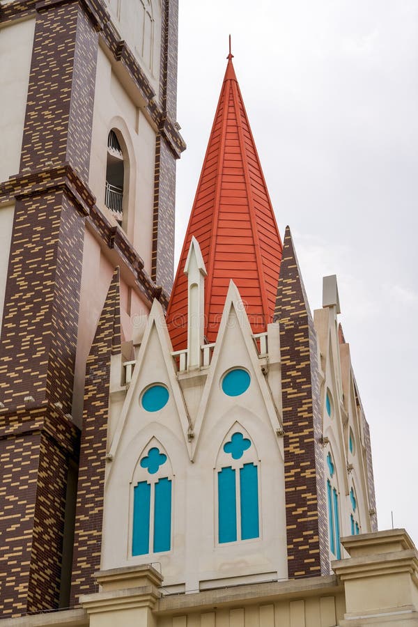 A Red Gothic Steeple Church Building Stock Photo - Image of road ...