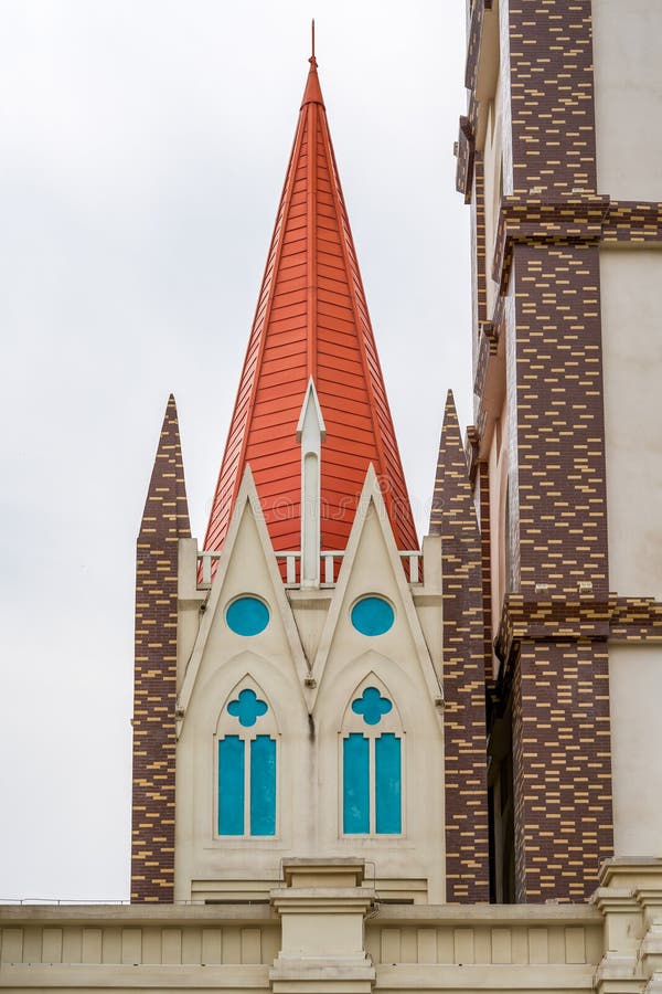 A Red Gothic Steeple Church Building Stock Image - Image of worship ...