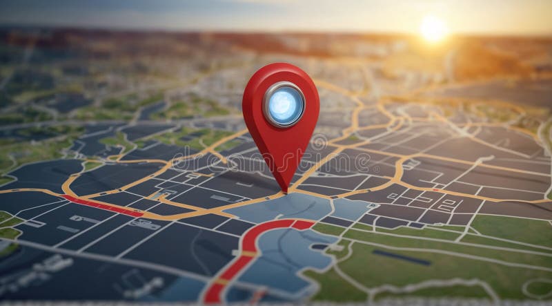 A Red GPS Marker on a Map of a City with a River and Skyscrapers Stock ...