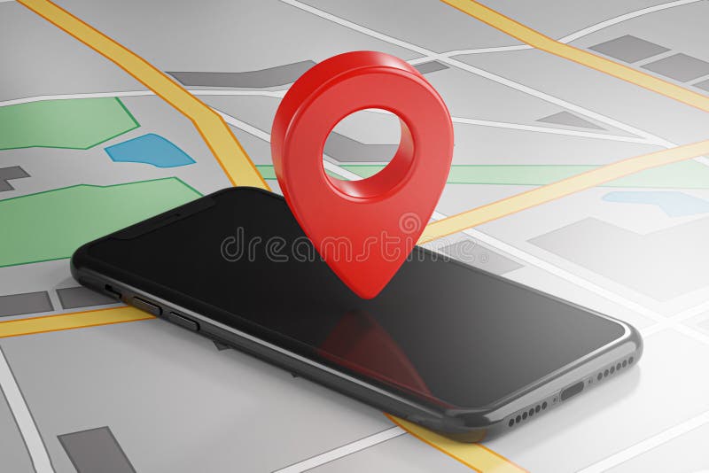 Red GPS Pin on Smartphone and Map. 3D Rendering Stock Illustration ...