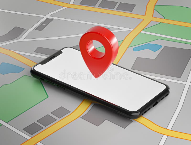 Red GPS Pin on Smartphone and Map. Mockup Template Screen 3D Rendering ...