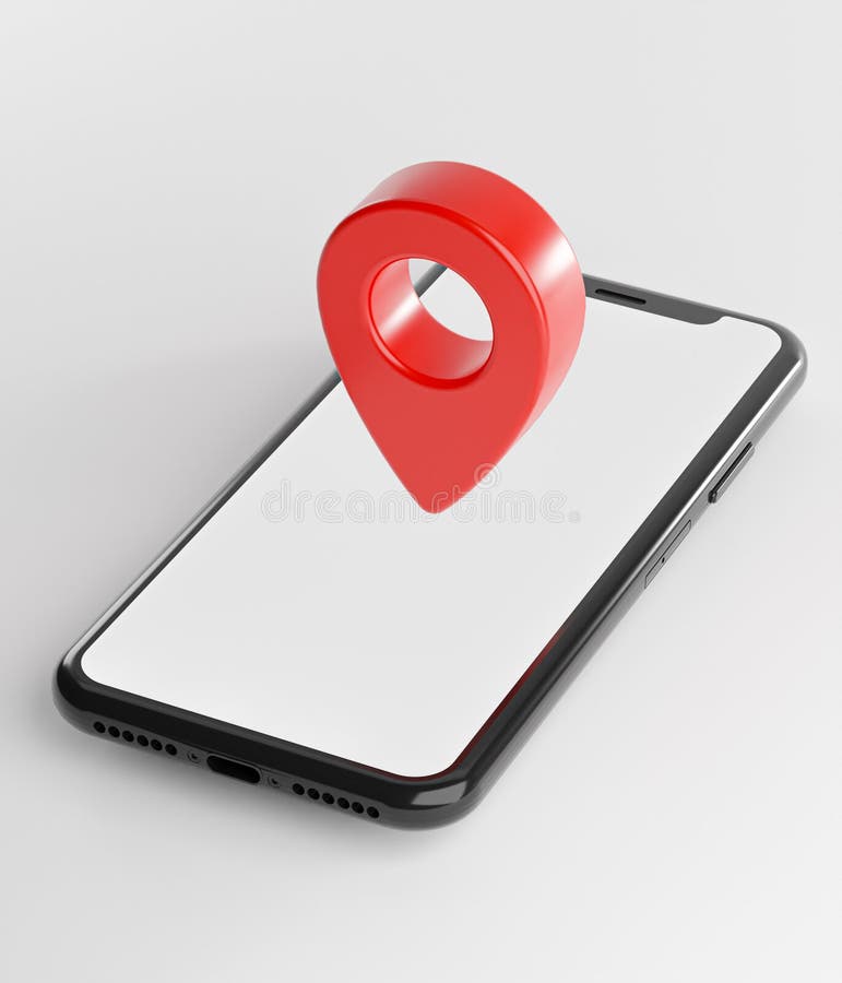 Red GPS Pin on Smartphone. Mockup Template Screen 3D Rendering Stock ...