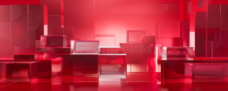 Red Gradient Background with Glass Blocks in Abstract 3D Geometric ...