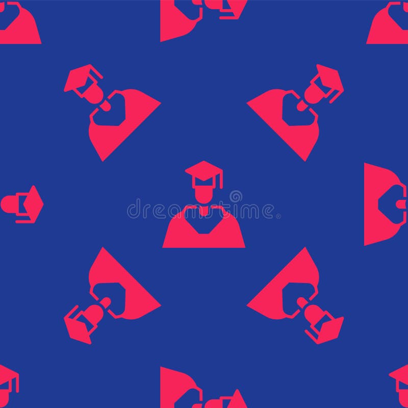 Red Graduate and Graduation Cap Icon Isolated Seamless Pattern on Blue ...