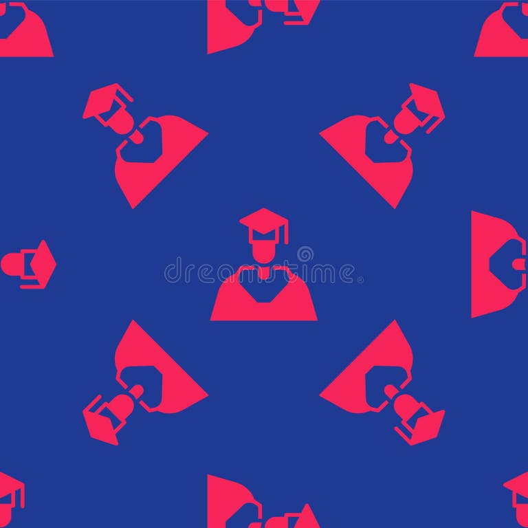 Red Graduate and Graduation Cap Icon Isolated Seamless Pattern on Blue ...