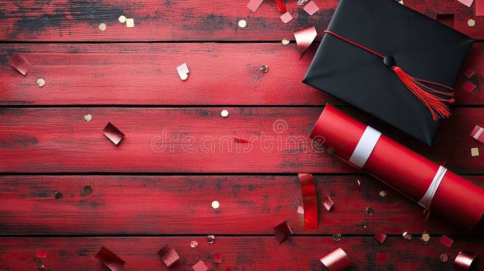 Red Graduation Cap and Diploma on Rustic Wooden Background Stock ...