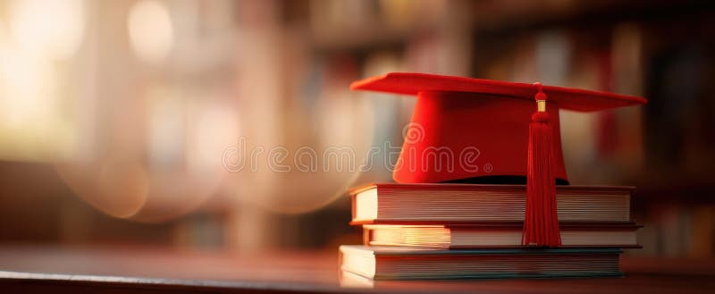 The Red Graduation Cap Placed on Top of Books in a Library Setting.AI ...