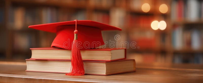 The Red Graduation Cap Resting Atop Stacked Books in a Cozy Library ...