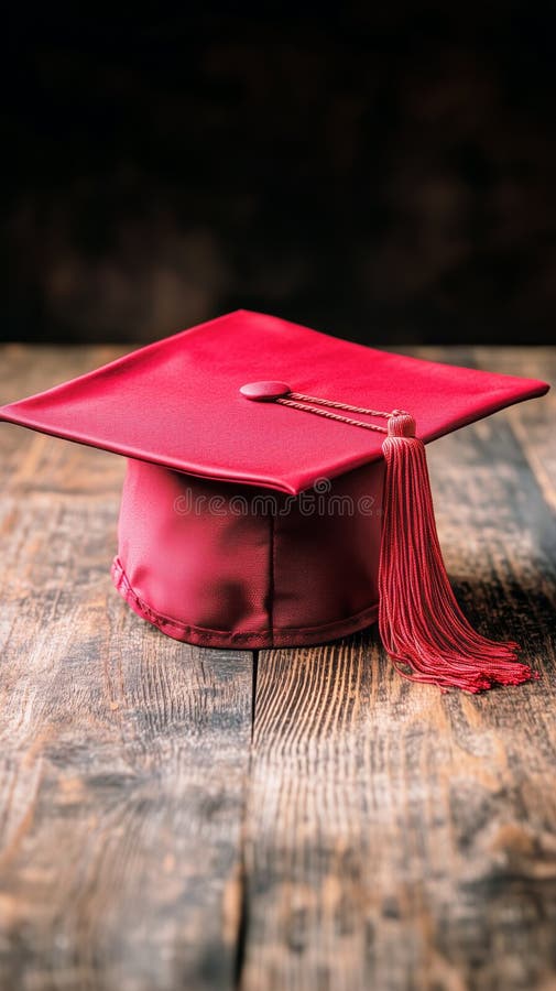 Red Graduation Cap Resting on Wooden Table with Blurred Background ...