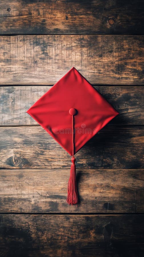Red Graduation Cap Resting on Wooden Table with Blurred Background ...