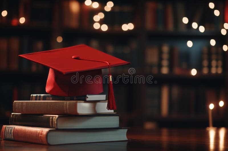 Graduating Cap Placed on Stack of Books in a Library Setting during ...