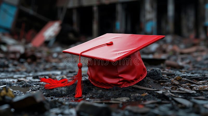A Red Graduation Cap Sitting on Top of a Pile of Trash Stock Photo ...