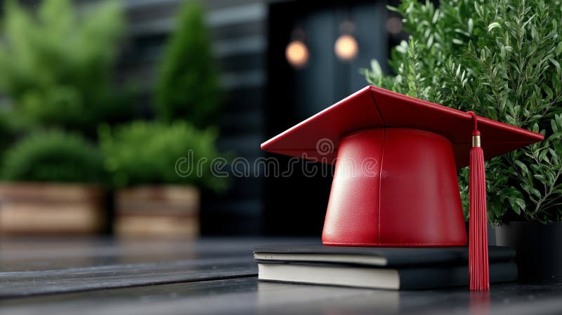 A Red Graduation Cap Sitting on Top of a Stack of Books Stock Photo ...