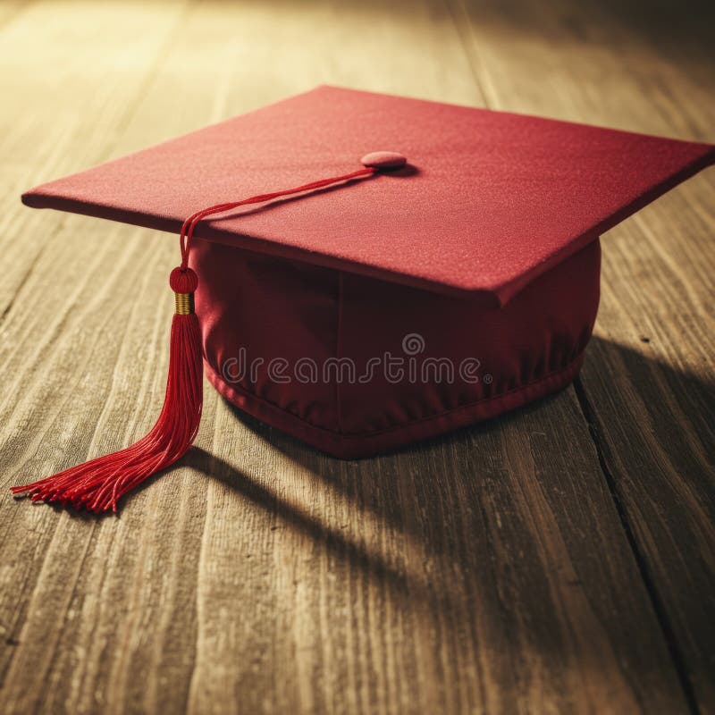 Red Graduation Cap on Wooden Surface Stock Illustration - Illustration ...